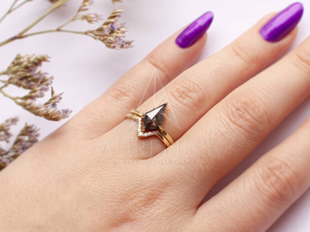 Elongated Kite Salt and Pepper Diamond Bridal Ring Set with Diamond ...