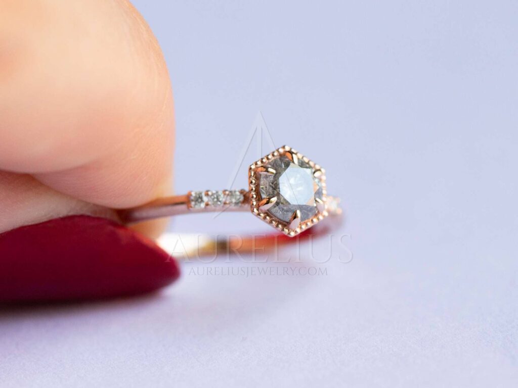 Round Brilliant Cut Salt and Pepper Diamond Engagement Ring in Hexagon ...