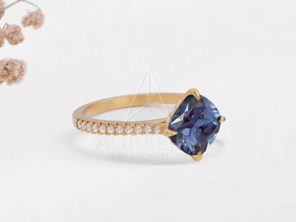 Alexandrite Cushion Cut Engagement Ring Hidden Halo - Adelia - Aurelius ...