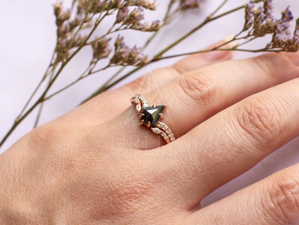 Elongated Kite Salt and Pepper Diamond Bridal Ring Set with Diamond ...