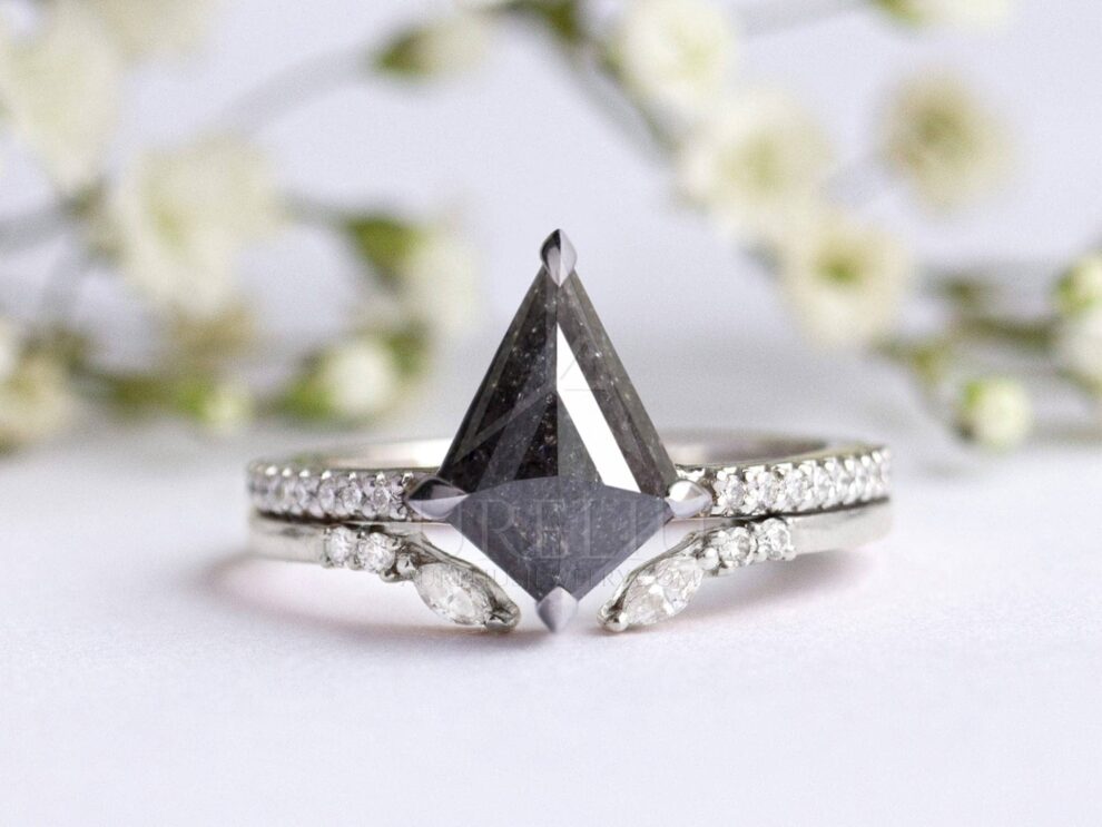 Elongated Kite Salt and Pepper Diamond Bridal Ring Set with Diamond ...