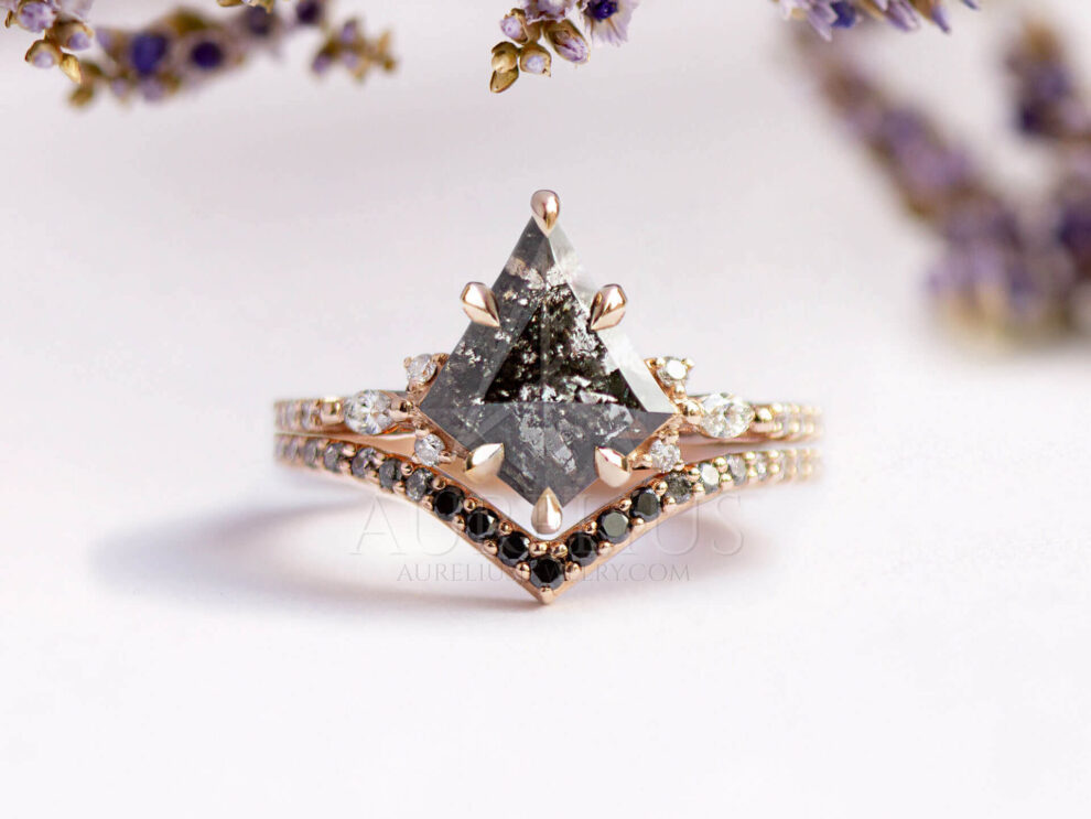 Elongated Kite Salt and Pepper Diamond Bridal Ring Set with Diamond ...