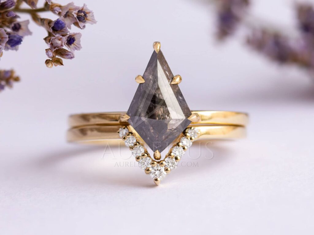 Elongated Kite Salt and Pepper Diamond Bridal Ring Set with Diamond ...