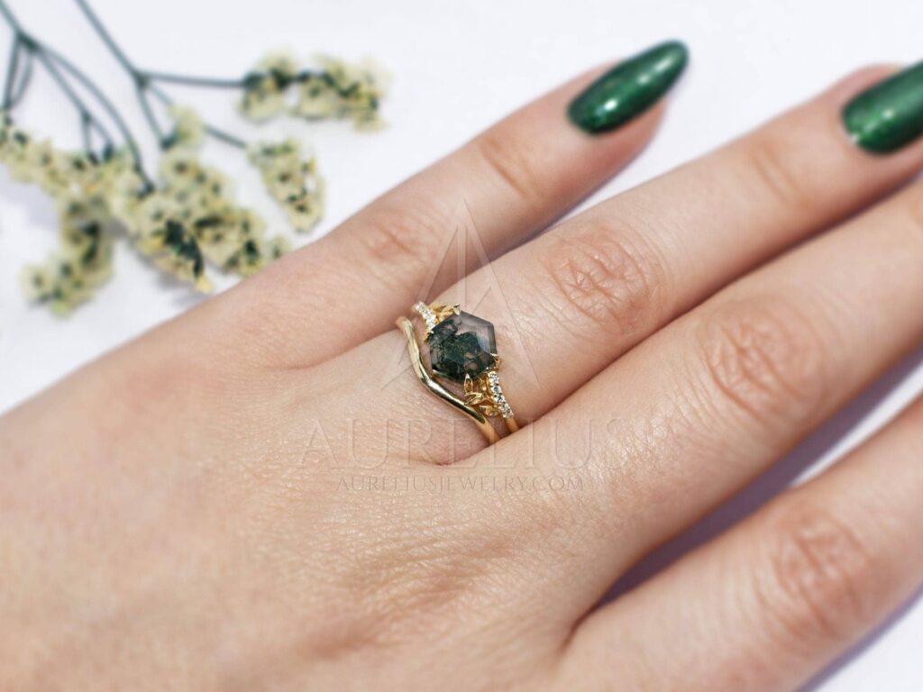 Hexagon Moss Agate Leaf Wedding Ring Set - Aurelius Jewelry
