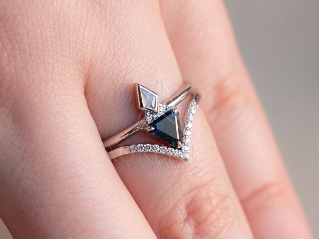 Triangle Blue Sapphire and Diamond Pave Wedding Ring Set - Aurelius Jewelry