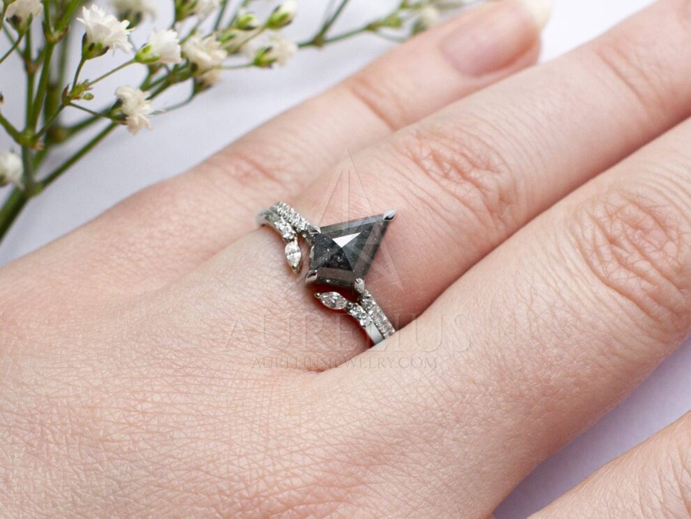Elongated Kite Salt and Pepper Diamond Bridal Ring Set with Diamond ...