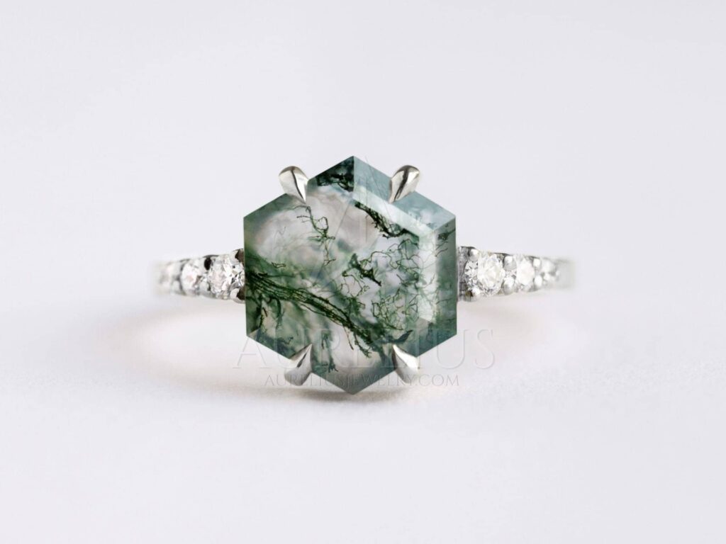 Large Hexagon Moss Agate Engagement Ring - Aurelius Jewelry